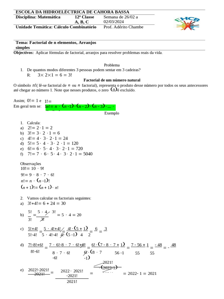 Aula 1 Calculo Combinatorio | PDF | Conceitos matemáticos | Matemática