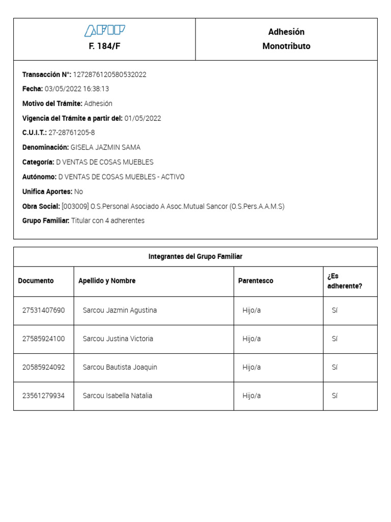 AFIP _ Formulario 184 | PDF