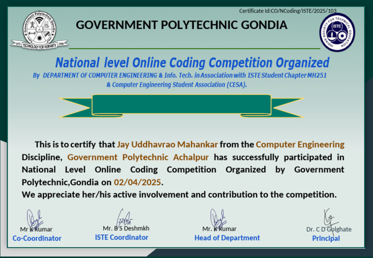 Participant Coding Competition Certificate-103 | PDF