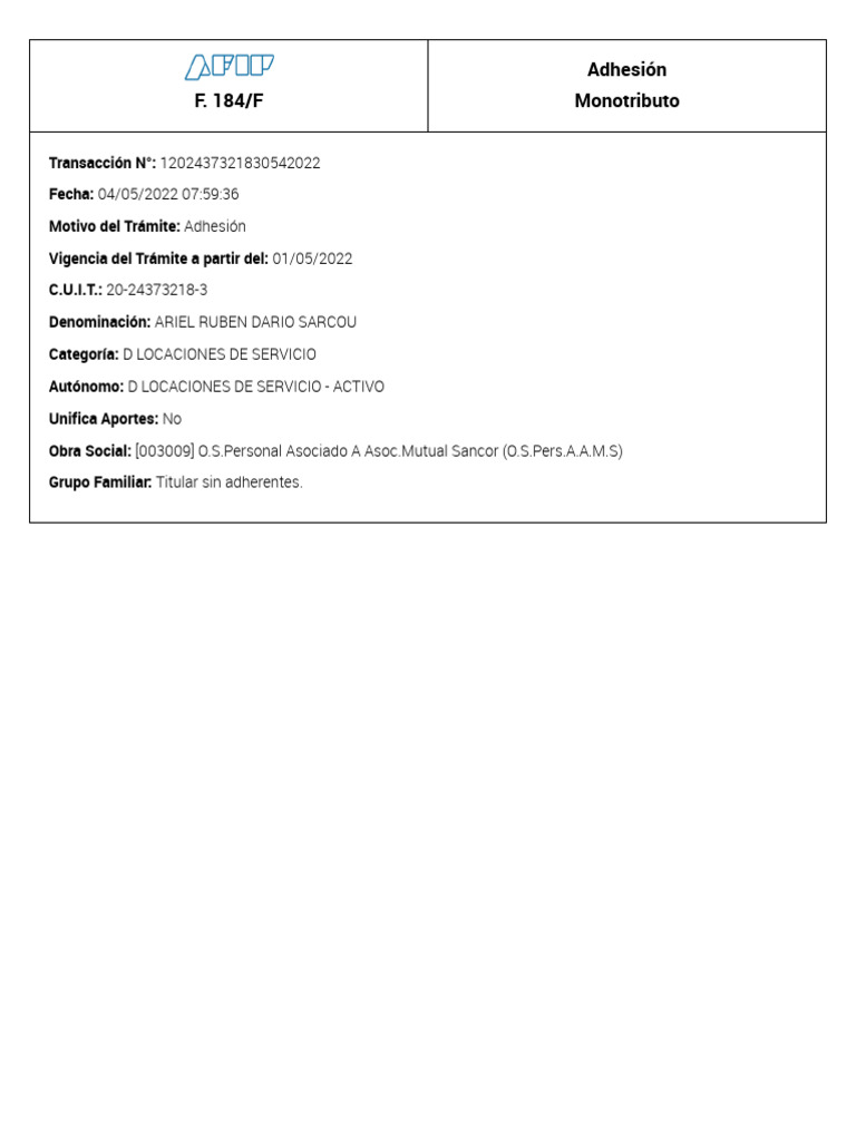 AFIP - Formulario 184 | PDF