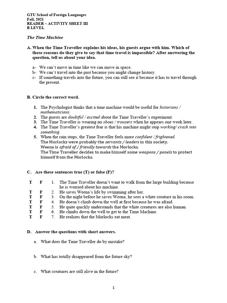 Time Machine Activity Sheet B Level | PDF | The Time Machine