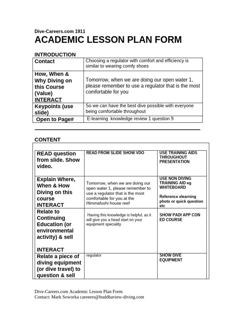 Academic Lessson Plan Form Revised | PDF | Scuba Diving | Underwater Diving