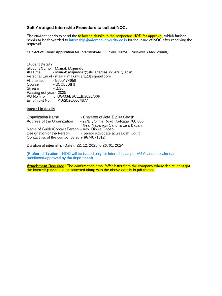 NOC Application Process for Internships | PDF