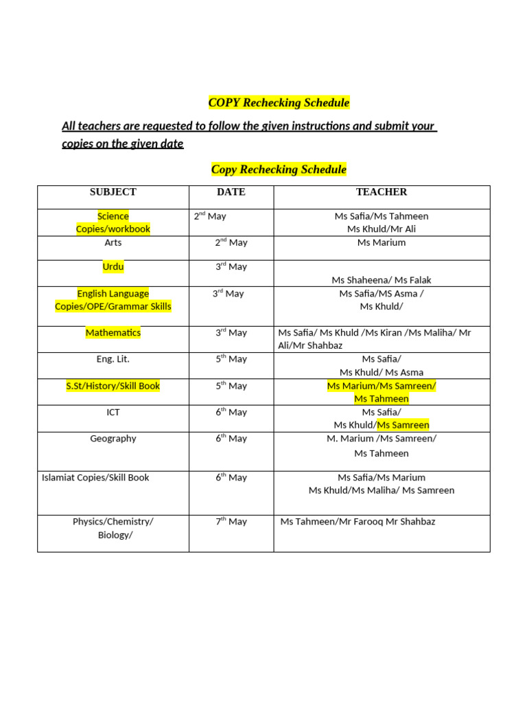 Copy Rechecking Schedule for Teachers | PDF