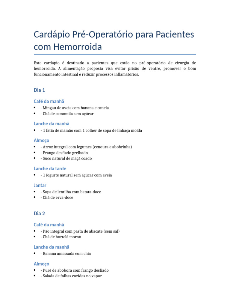 Cardapio Pre Operatorio Hemorroida | PDF