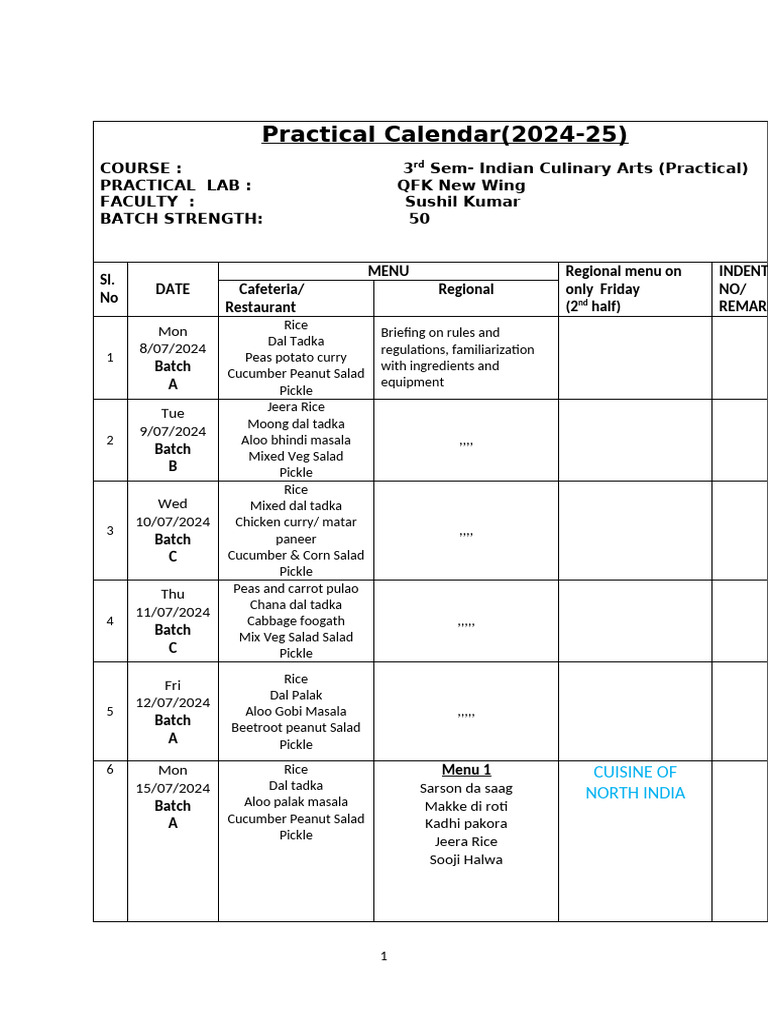 3rd Sem QFK Practical Calendar 2024-25 | PDF | Pickling | Curry