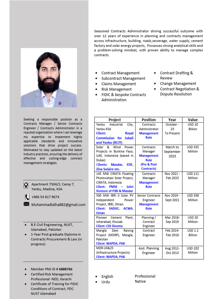 Talha - CV - Contracts Administrator. | PDF | Subcontractor | Insurance