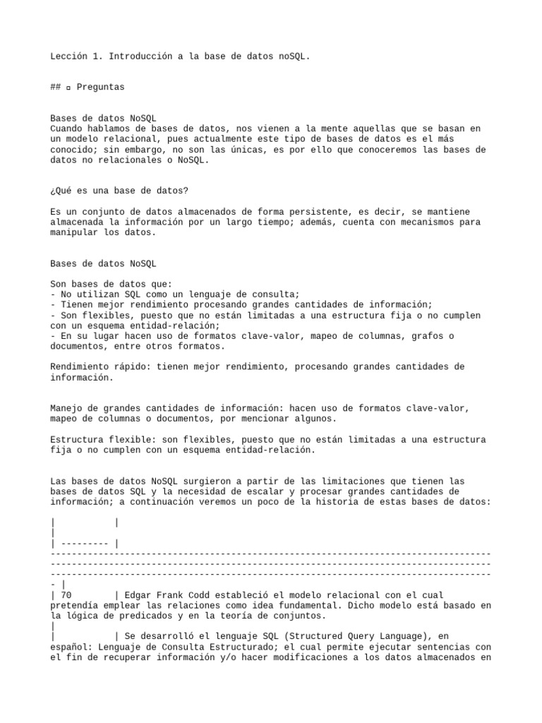 Lección 1. Introducción A La Base de Datos noSQL. | PDF | No Sql | Bases de datos