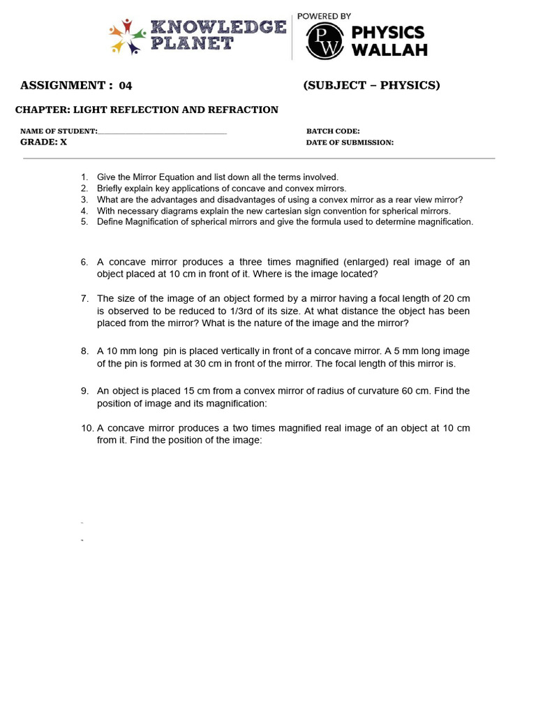 Assignment 04- GRADE 10- Light Reflection and Refraction (2) | PDF