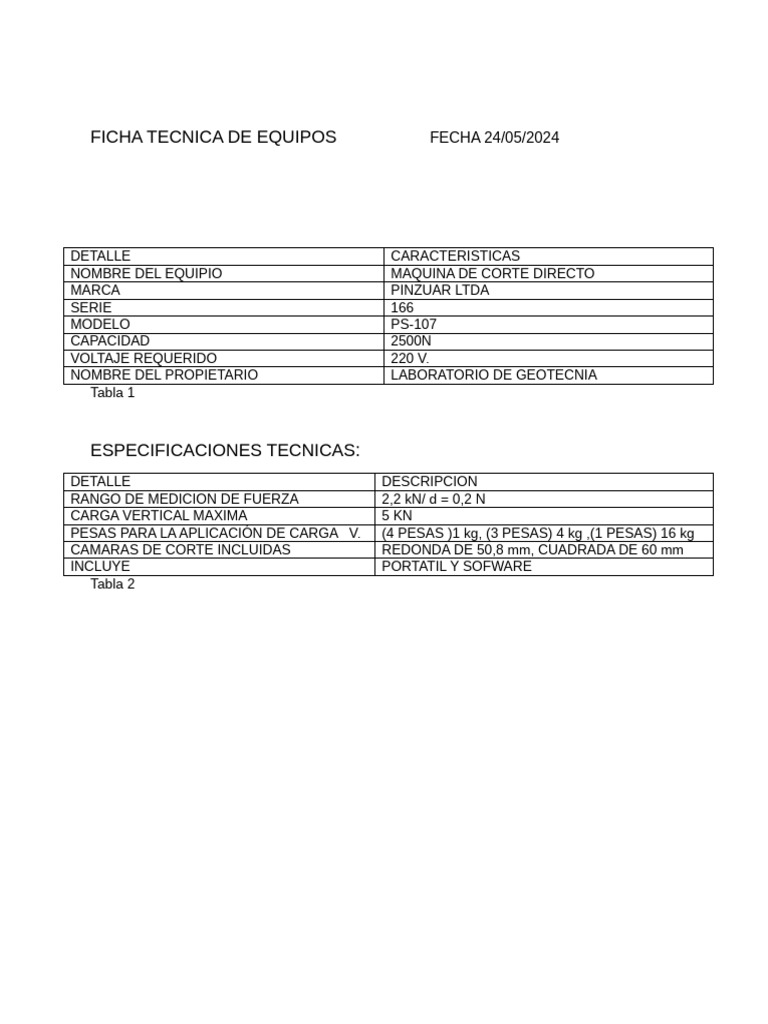 Ficha Tecnica de Equipos | PDF