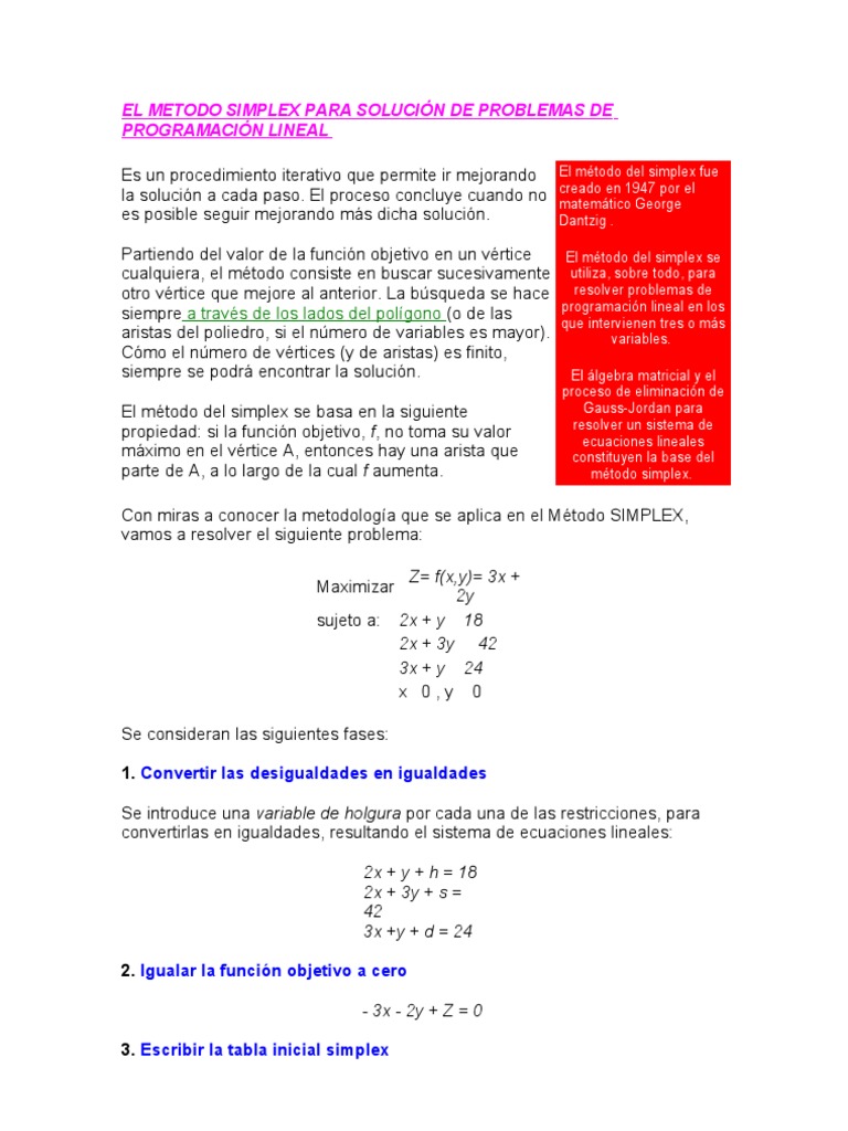 EL METODO SIMPLEX PARA SOLUCIÓN DE PROBLEMAS DE PROGRAMACIÓN LINEAL