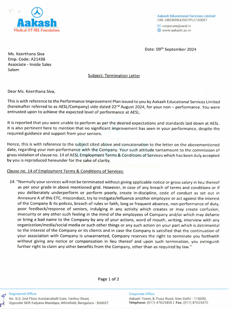 A21436 - Ms. Keerthana Siva - Termination Letter | PDF | Business