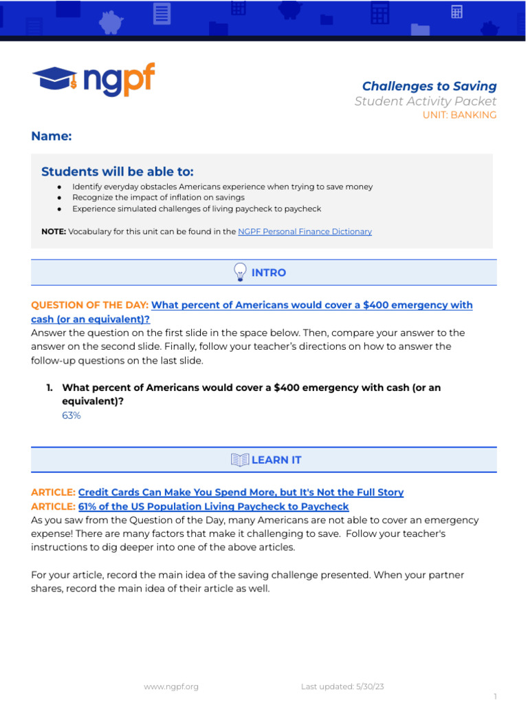 Challenges To Saving Student Activity Packet | PDF | Inflation | Paycheck