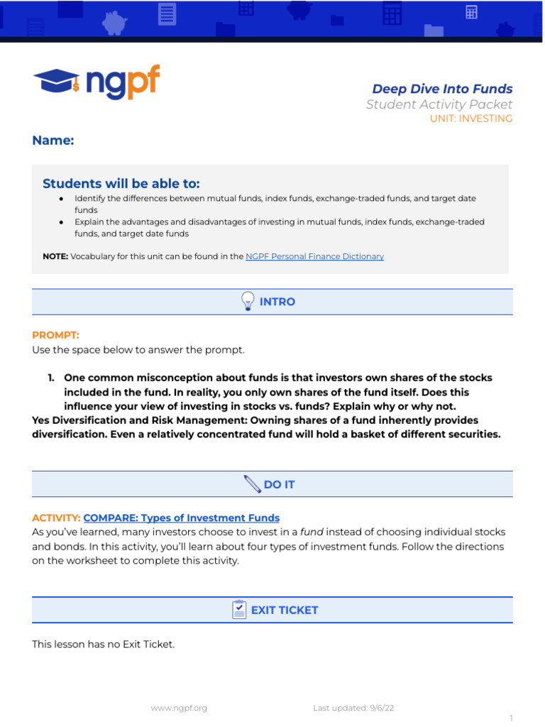 Deep Dive Into Funds Student Activity Packet | PDF
