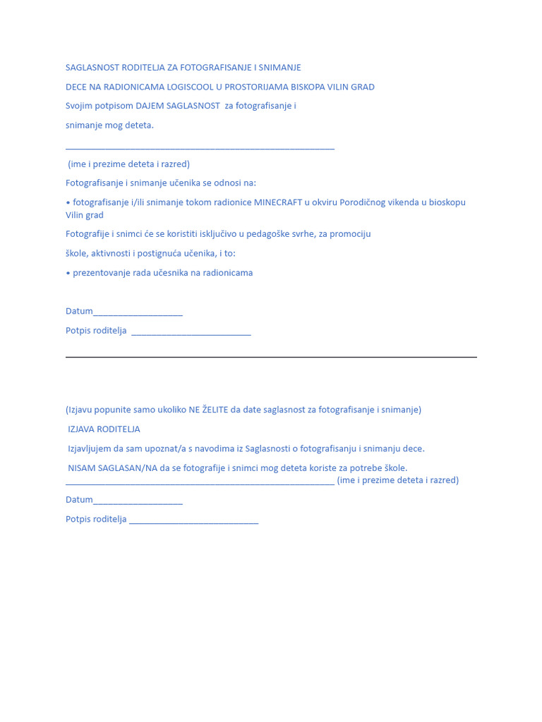 SAGLASNOST-RODITELJA-ZA-FOTOGRAFISANJE-I-SNIMANJE1.pdfvilin Grad | PDF