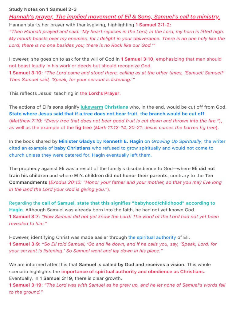Study Notes On 1 Samuel 2-3 | PDF | Samuel | Books Of Samuel