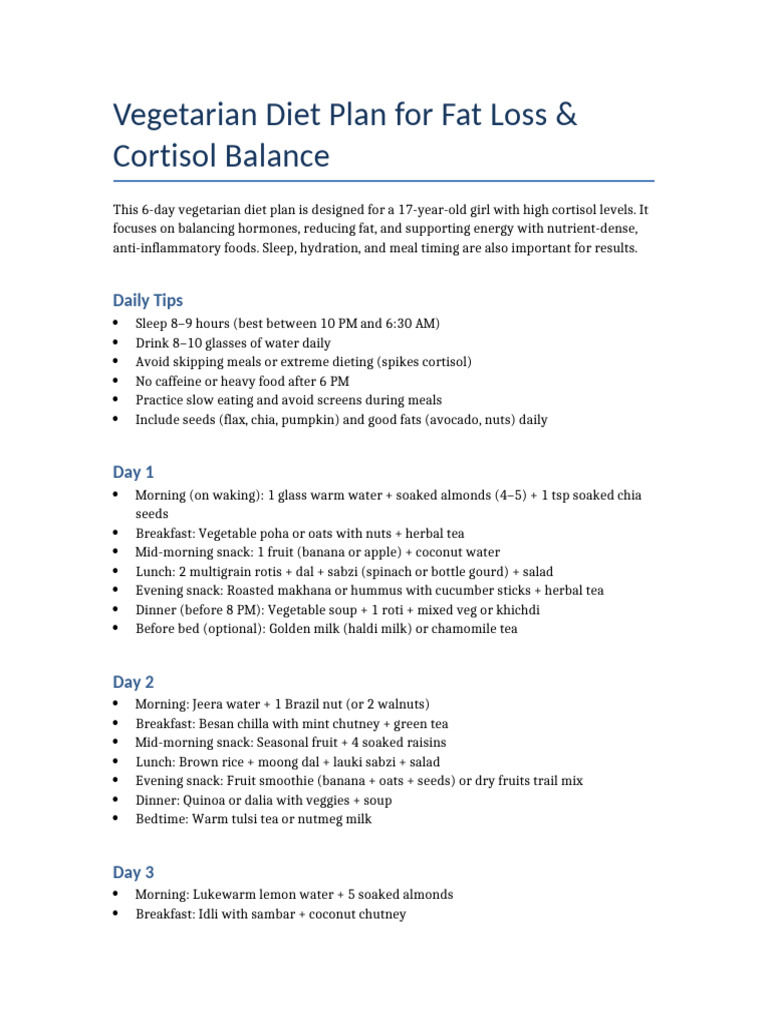 Vegetarian Diet Plan Cortisol Fat Loss | PDF | Meal | Lunch