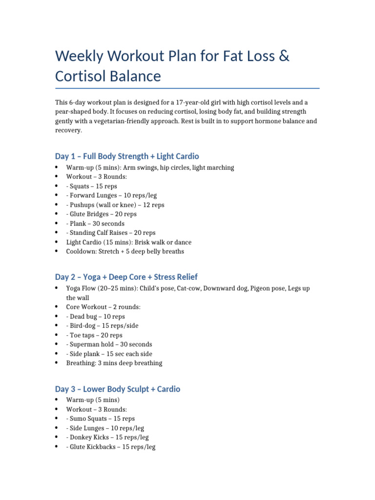 Weekly Workout Plan Cortisol Balance | PDF