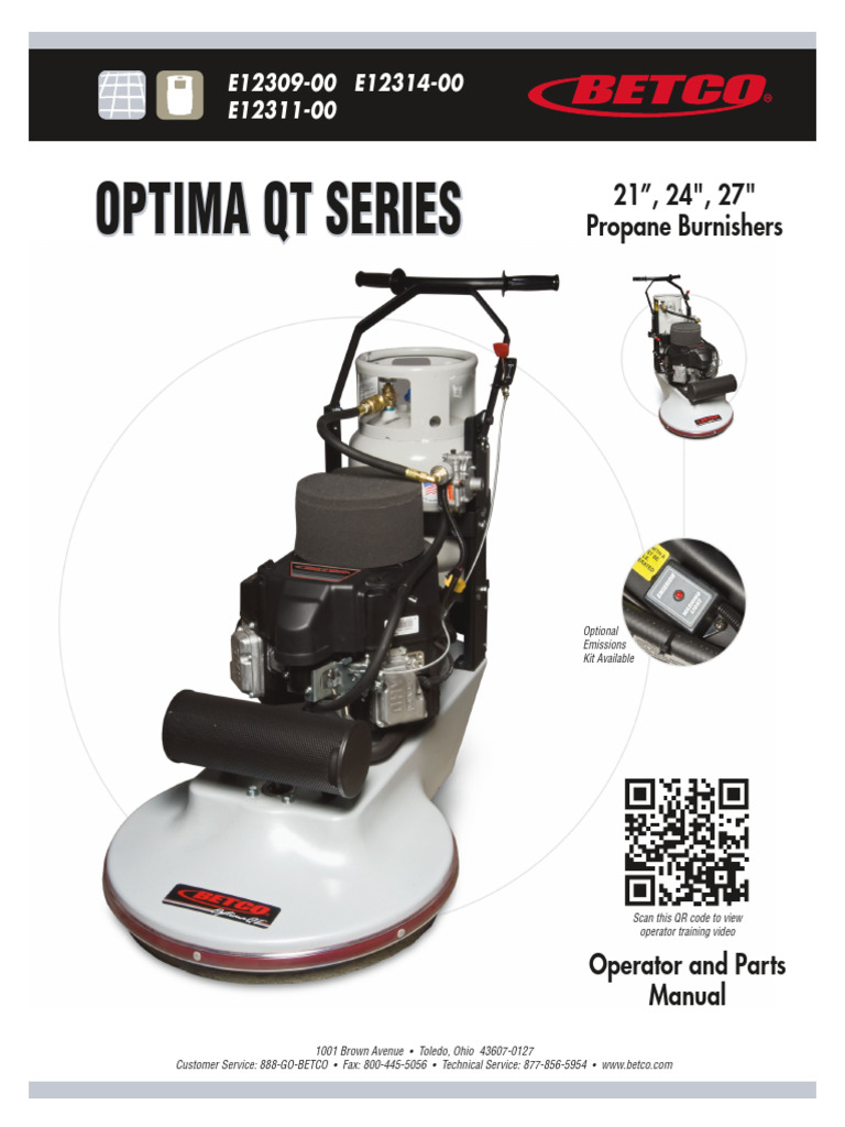 Betco Optima QT - Parts and Operators Manual | PDF | Exhaust Gas | Screw