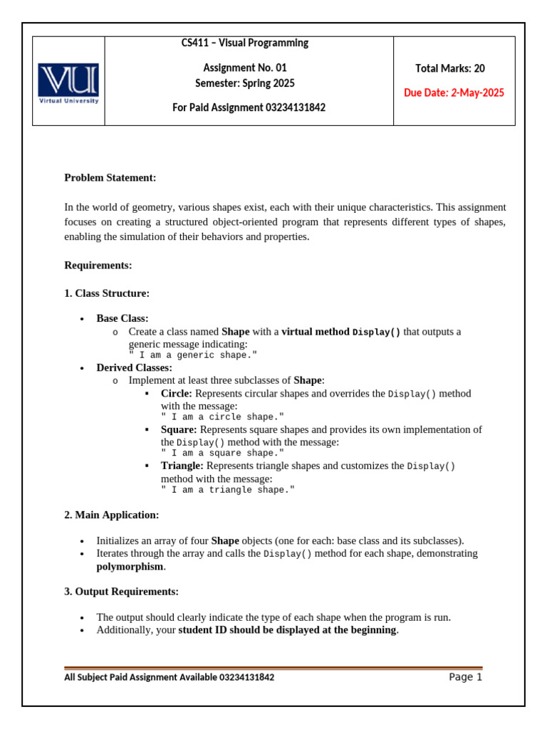 Cs411 Assignment Solution 2025 | PDF | Method (Computer Programming) | Inheritance (Object ...