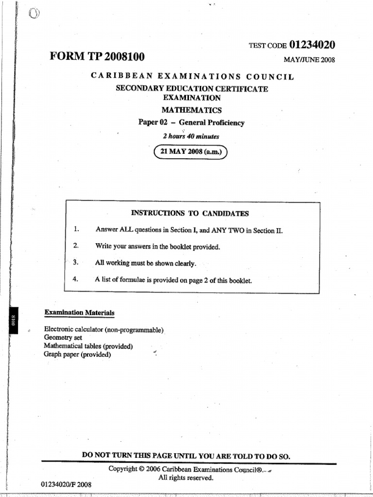 Csec Math 2008 | PDF