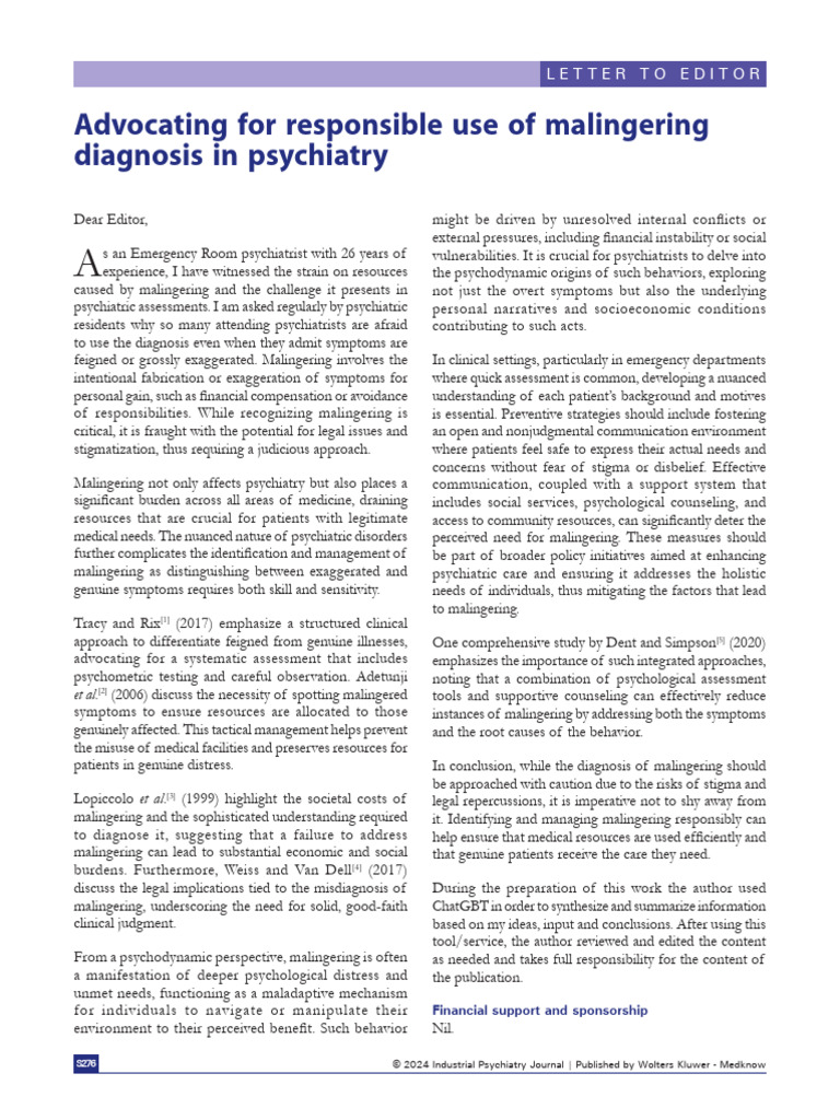 Advocating For Responsible Use of Malingering.49 | PDF | Psychiatry | Mental Health