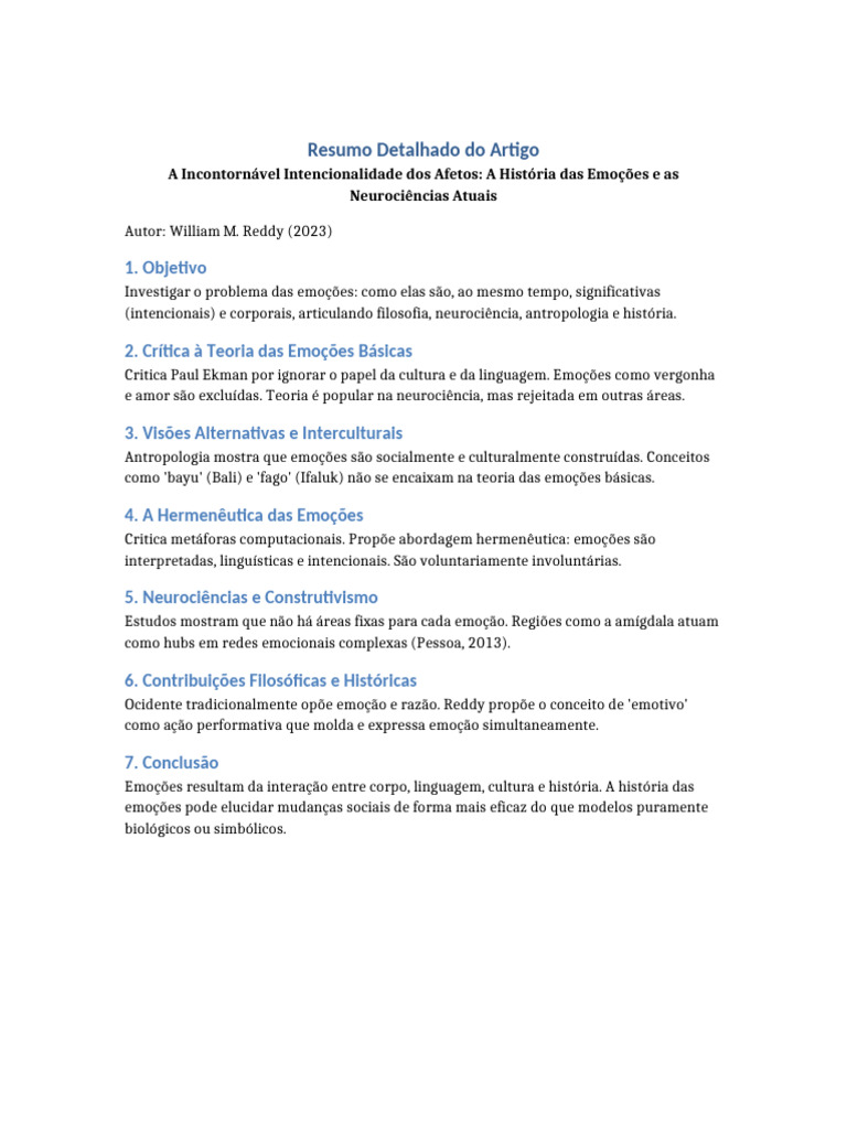 Resumo Historia Emocoes William Reddy | PDF