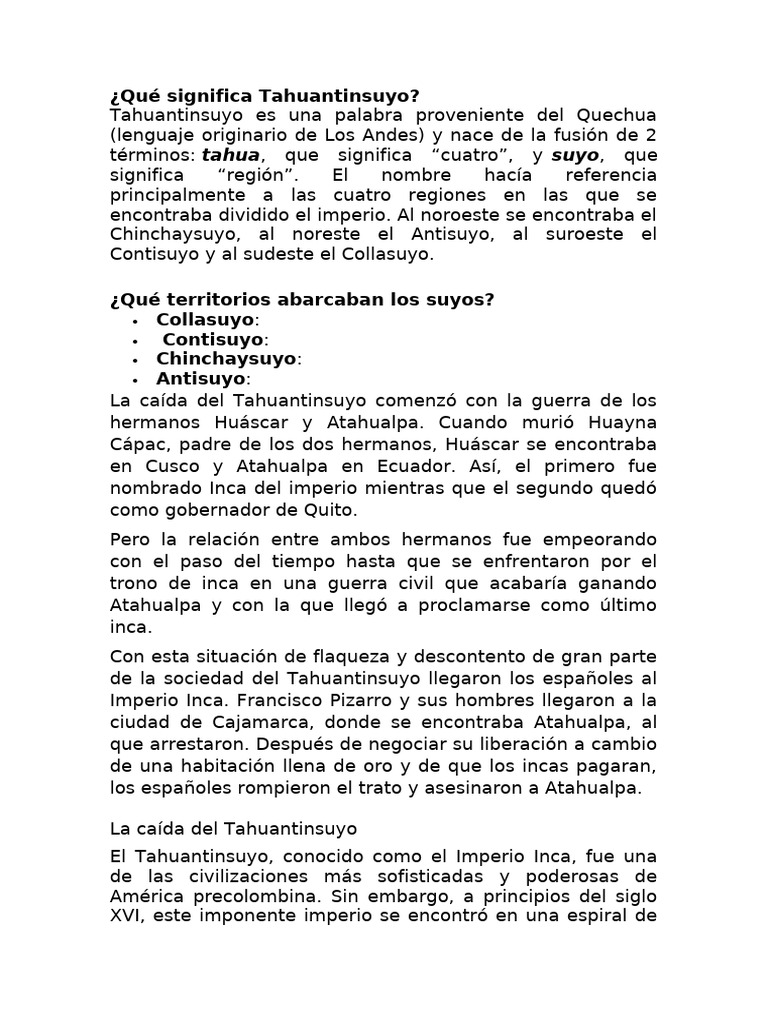 Qué significa Tahuantinsuyo | PDF | Imperio Inca | Francisco Pizarro