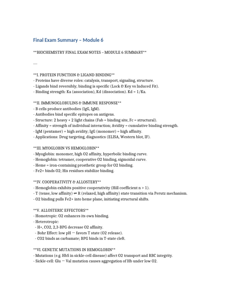 Biochem Final Exam Module6 Notes | PDF | Antibody | Hemoglobin