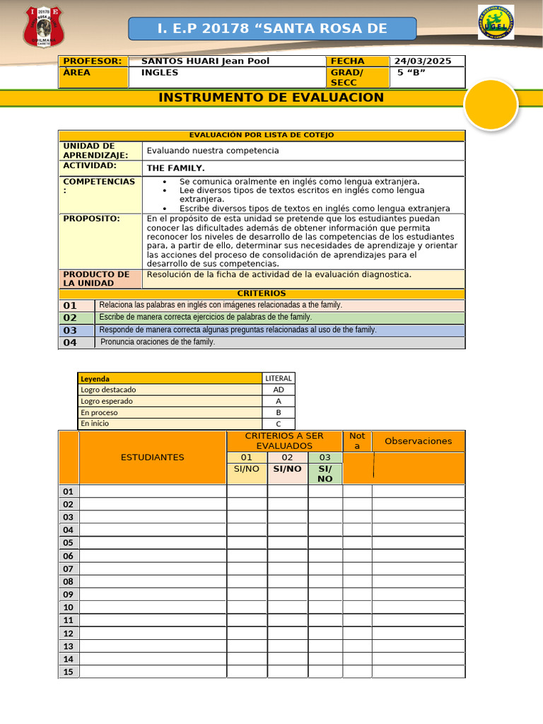 5°lista de Cotejo Actv o - Ingles 2025 | PDF | Evaluación | Aprendizaje