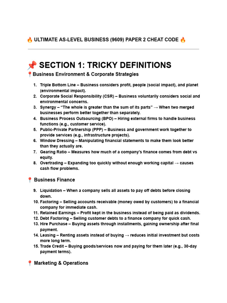 AS-Level Business Paper 2 Cheat Sheet | PDF | Gross Margin | Business