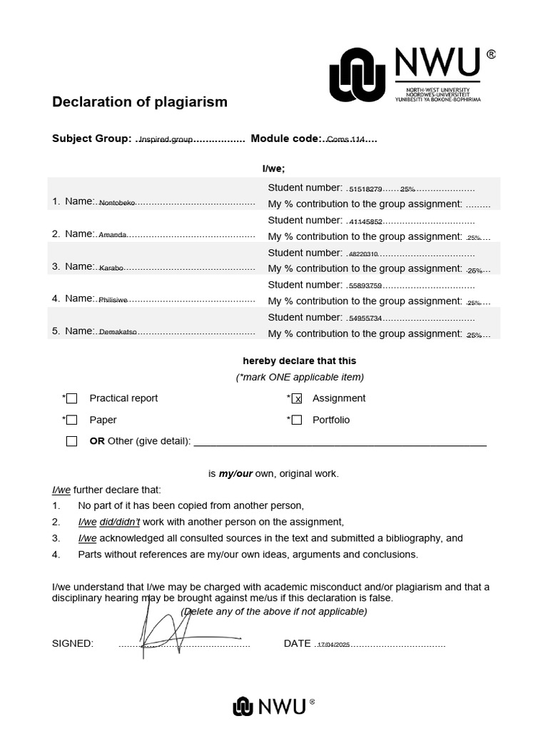 ENG Group Declaration Against Plagiarism | PDF | Plagiarism