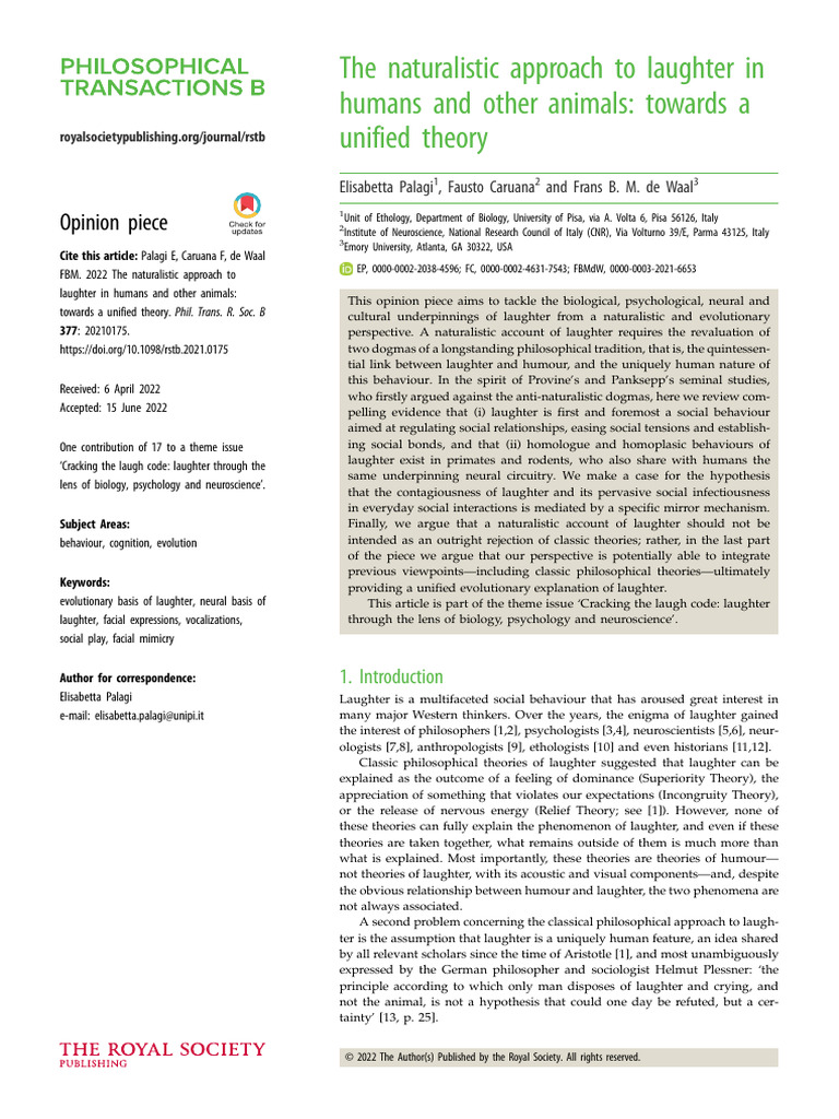 Palagi Et Al The Naturalistic Approach To Laughter in Humans and Other ...
