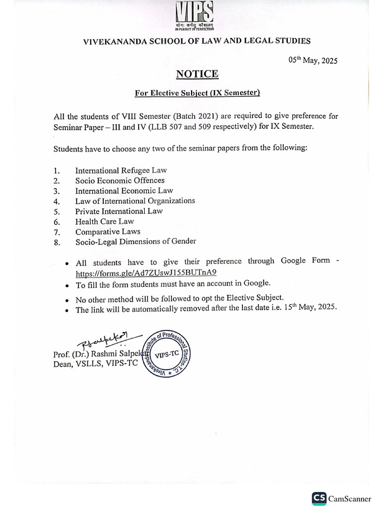 Notice - Elective Subject - IX Semester (Batch 2021) | PDF | International Law | Common Law