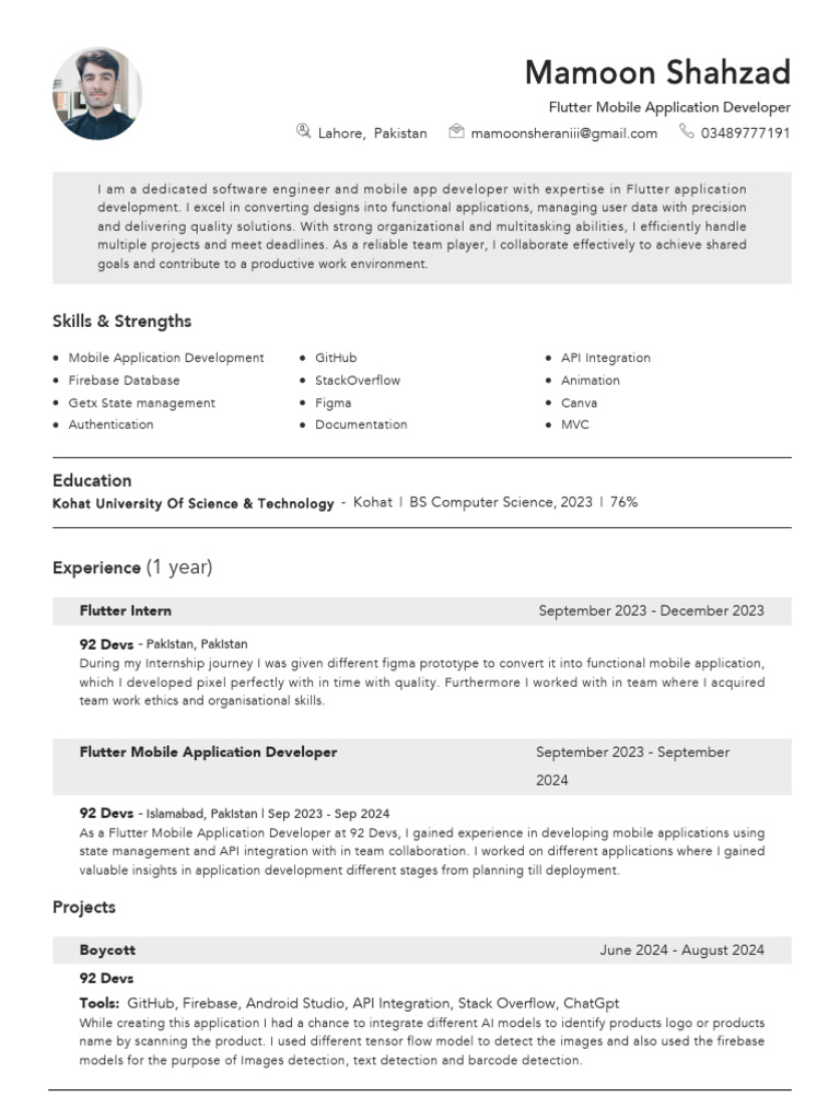 Flutter Resume Mamoon Shahzad 1 | PDF | Software Development | Mobile App