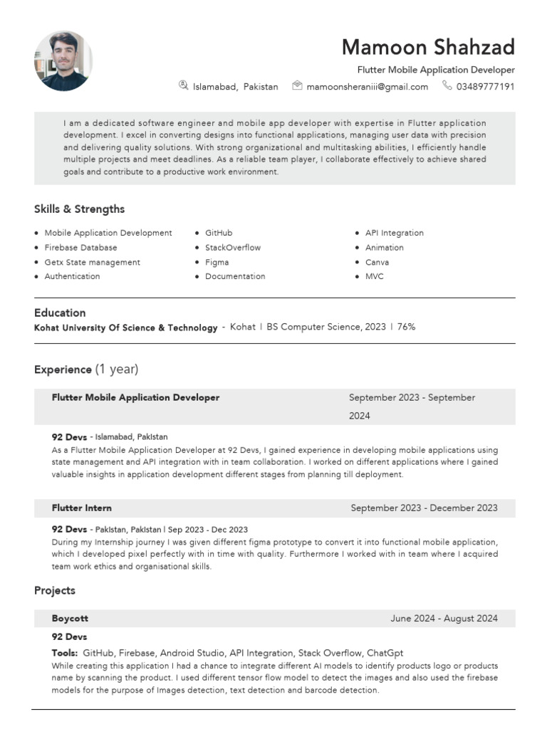 Flutter Resume Mamoon Shahzad | PDF | Software Development | Mobile App