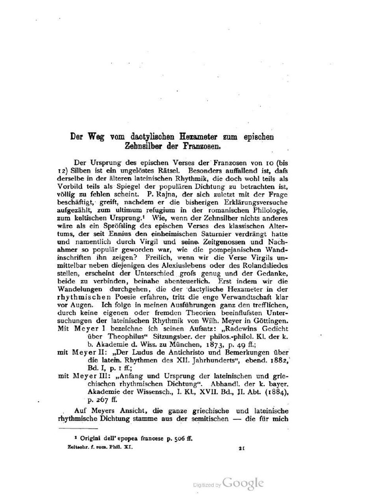 Thurneysen Der Weg Vom Dactylischen Hexameter Zum Epischen Zehnsilber ...