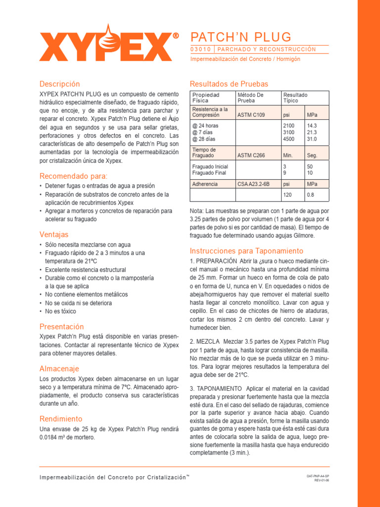 Ficha Tecnica Xypex Patchn Plug | PDF | Hormigón | Agua