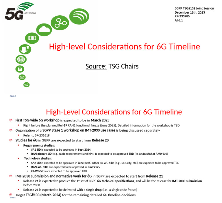 RP-233985 High-Level Considerations For 6G Timeline | PDF
