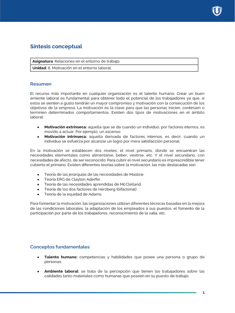 U6 RESUMEN Motivación en el entorno laboral | PDF | Motivación | Motivacional