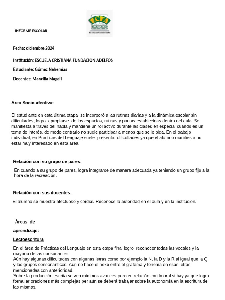 Informe Escolar Gomez | PDF