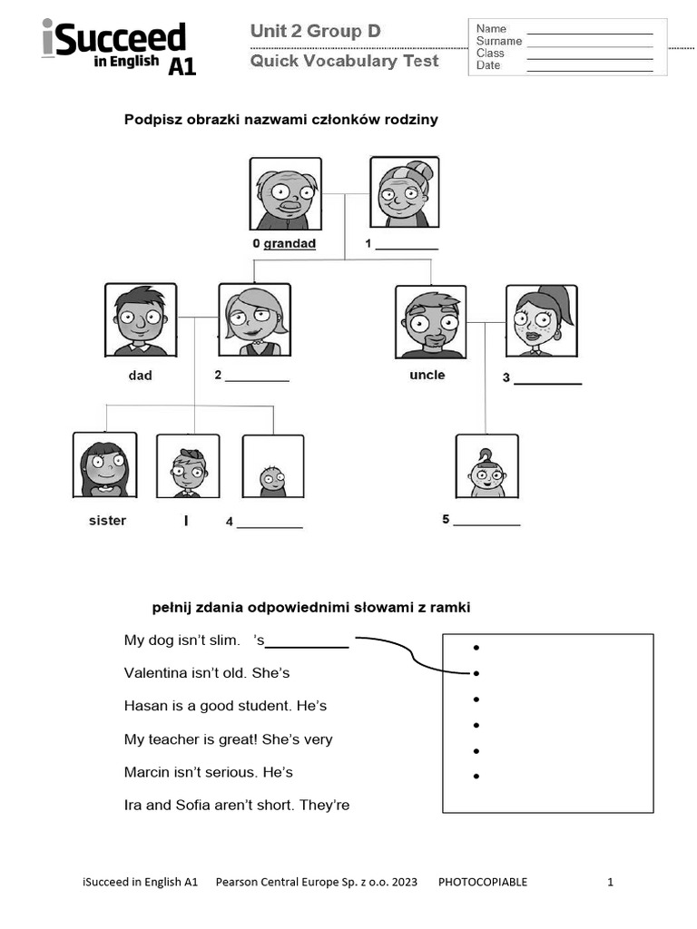 ISucceed A1 Unit 2 Group D Quick Test Vocabulary | PDF