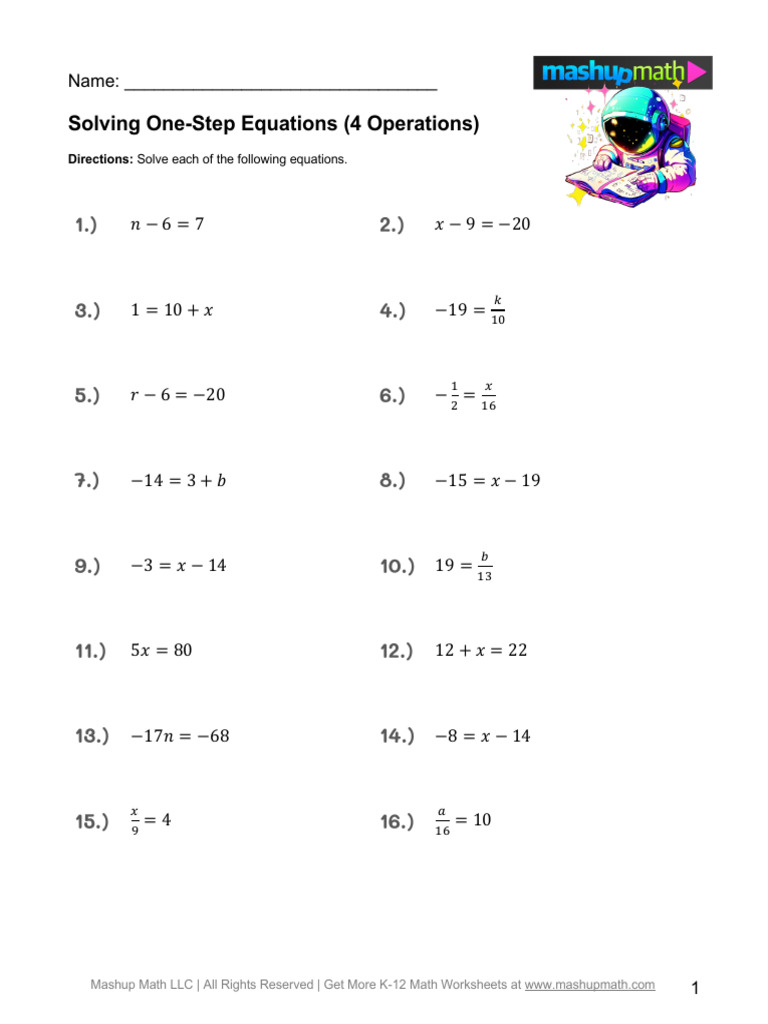 Solving+One Step+Equations+ (4+operations) + (A) .PDF 7th Grade | PDF ...
