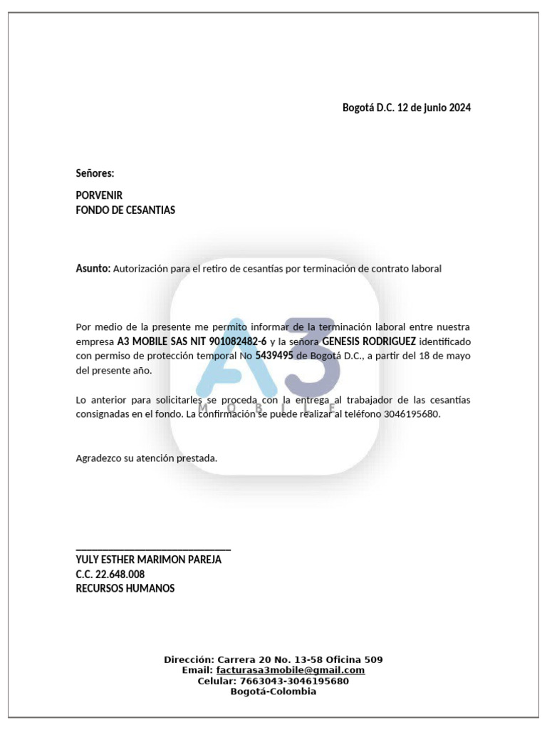 Carta Cesantias | PDF