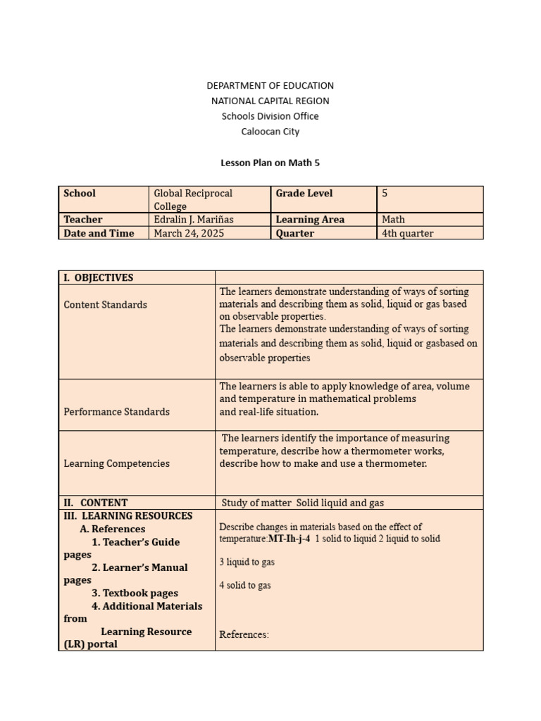 Math 5 Lesson Plan: States of Matter | PDF | Learning | Gases