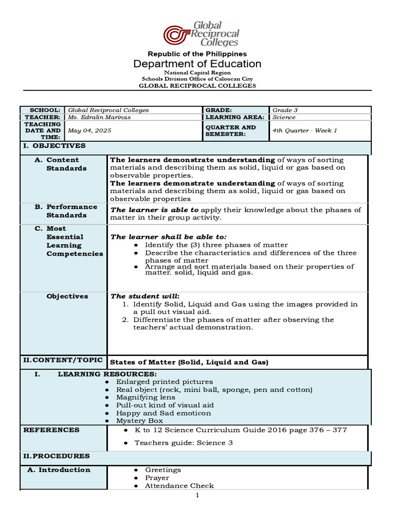 Tsci Lesson Plan (Marinas, Edralin J.) | PDF | Phase (Matter) | Liquids