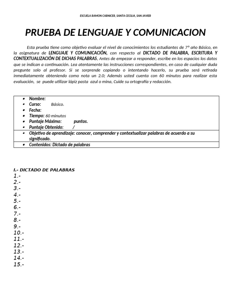 Prueba de Dictado de Palabras 2021 | PDF