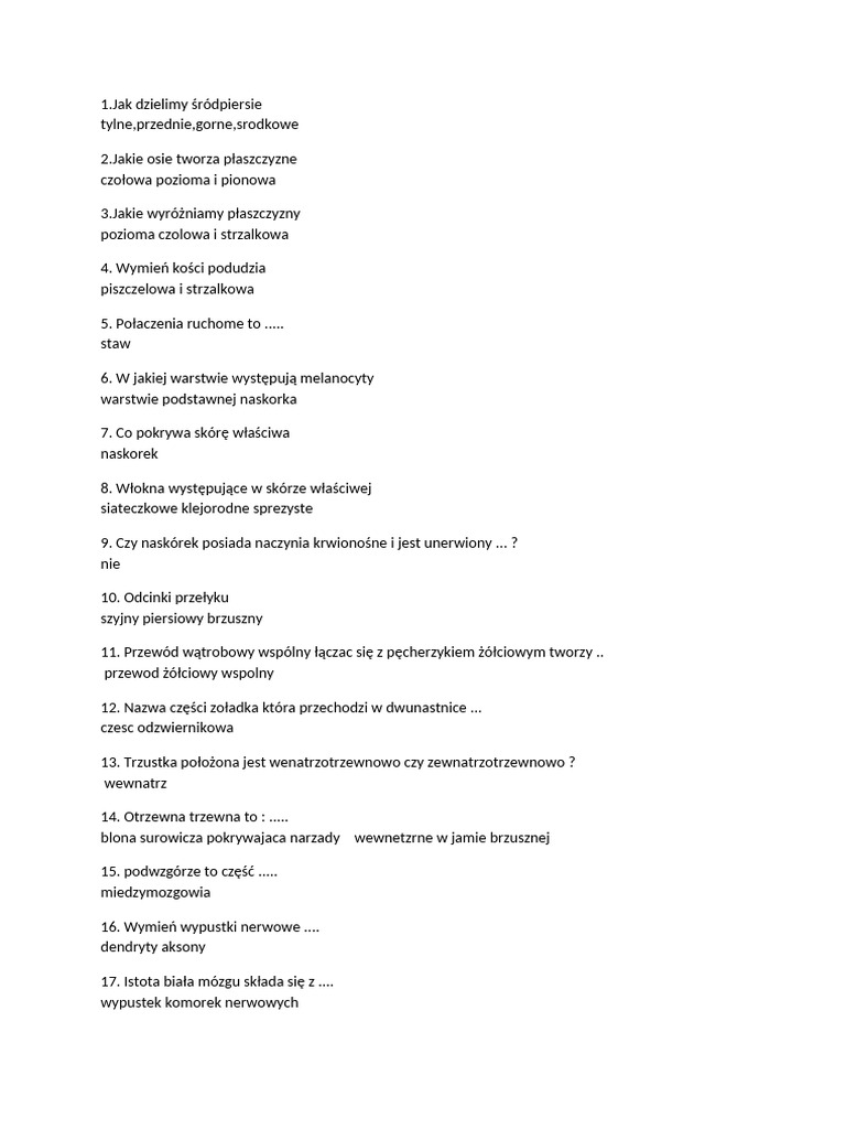 Anatomia - Pytania Egzamin | PDF