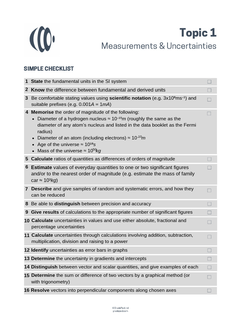 IB Physics - Complete Checklist-HL | PDF | Force | Gases