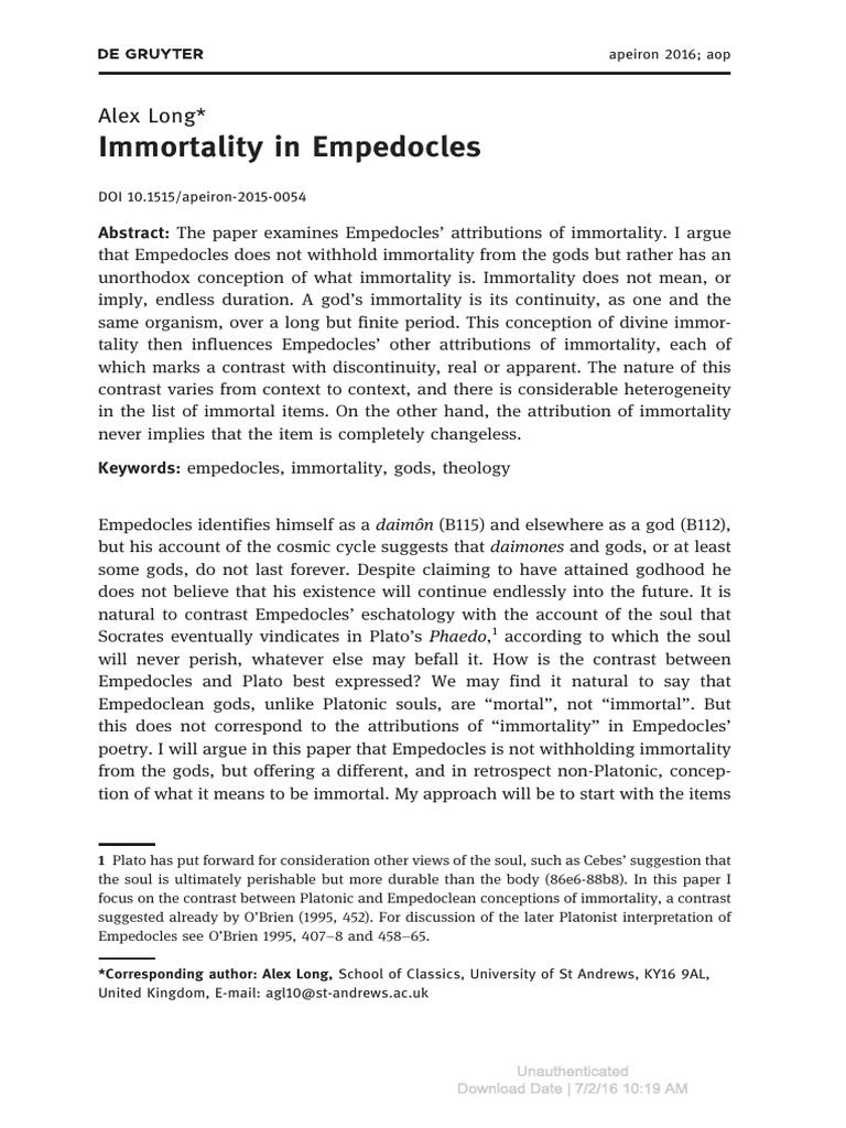 Immortality in Empedocles | PDF | Immortality | Pythagoras